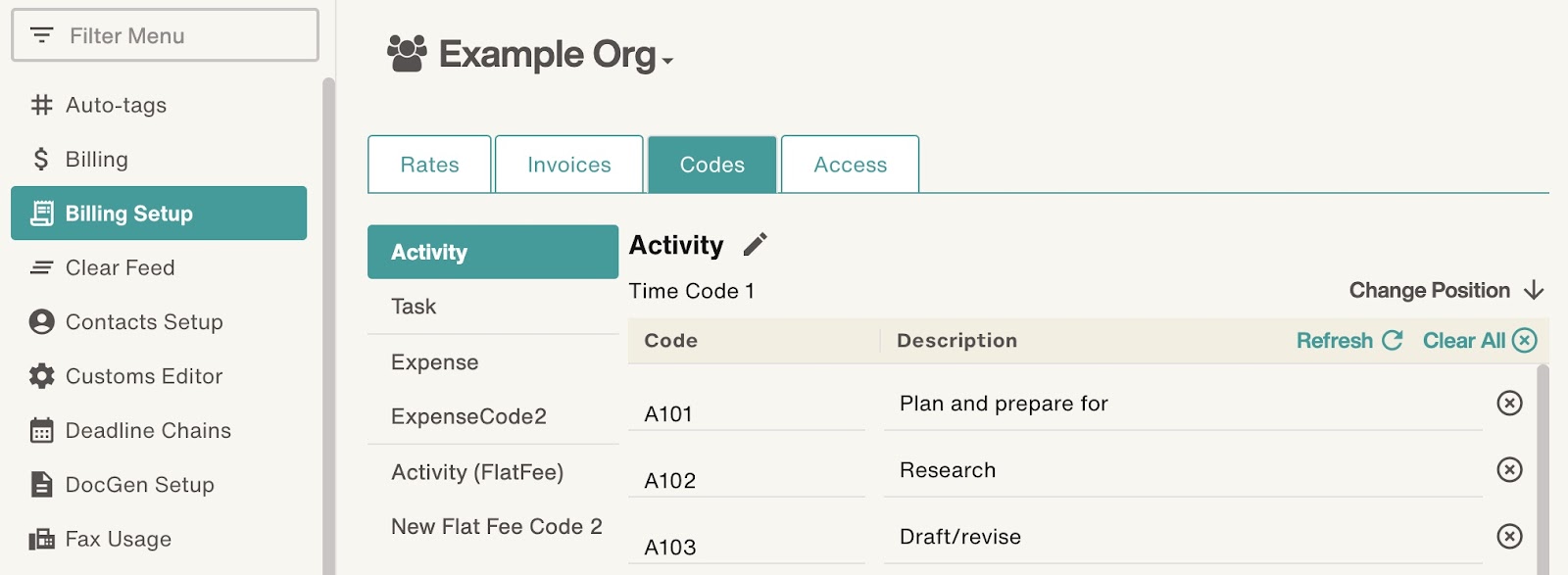 Billing Code Set Management – Filevine Help Center