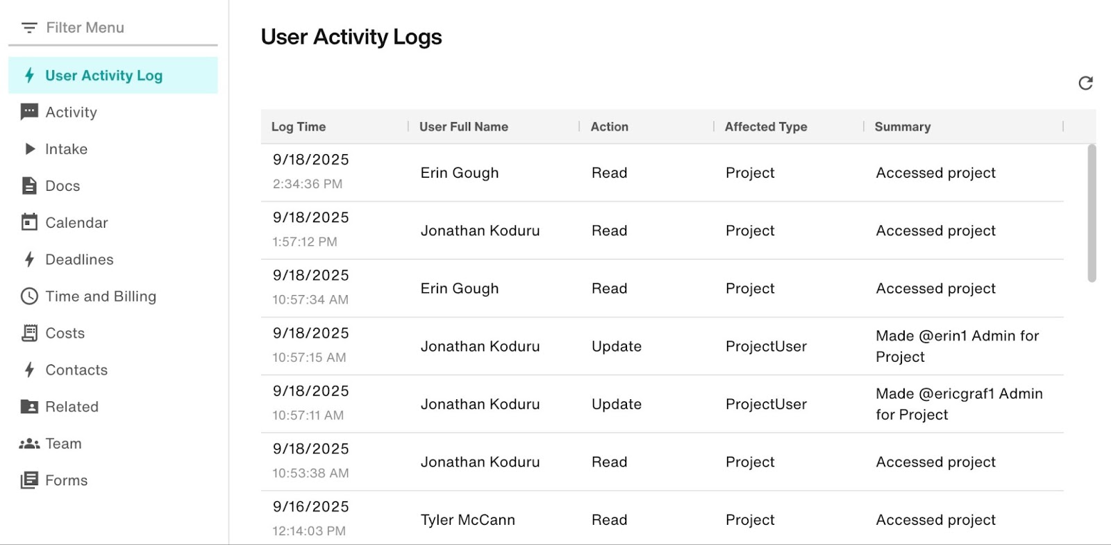 User Activity Log Section – Filevine Help Center